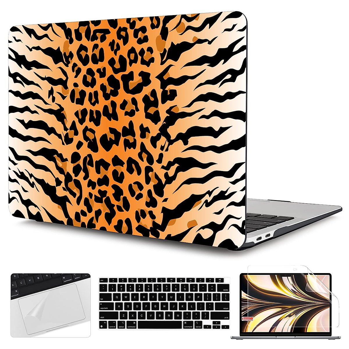 TWOLSKOO for 2021-2018 MacBook Air 13 inch Case A2337 M1 A2179 A1932, Hard Shell Case with Keyboard Skin & Screen Protector for MacBook Air 13.3 inch with Retina & Touch ID, Leopard & Tiger Texture