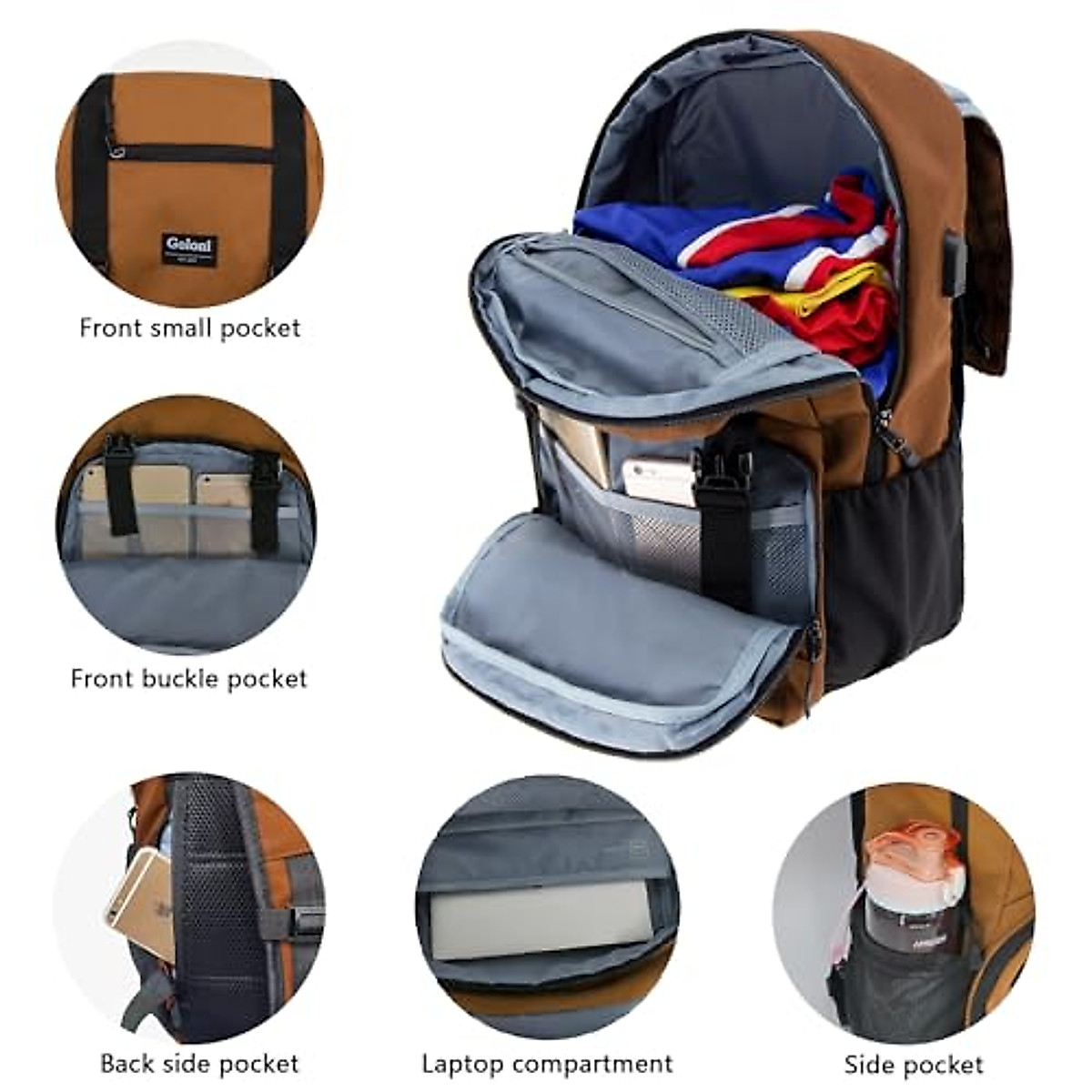 Goloni Casual Travel Backpack for Women Men, Lightweight backpack for college, Casual Daypack Backpacks with USB Charging Port,Brown