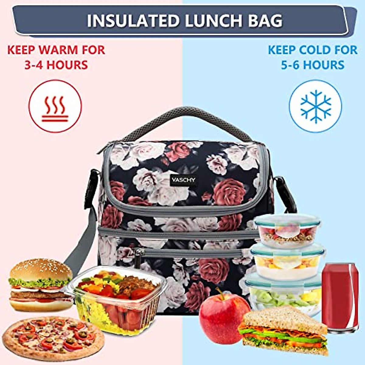 VASCHY Lunch Bag for Women, Insulated Lunch Box Leak-proof Cooler Bag in Dual Compartment Lunch Tote for Work 14 Cans Rose