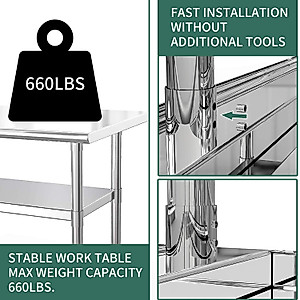 Nurxiovo Commercial Work Table Stainless Steel Table 48 x 24 Inches Heavy Duty Workbench Industrial Restaurant Food Work Tables for Shop Worktop with 1 1/2" Backsplash /4 Caster Wheels