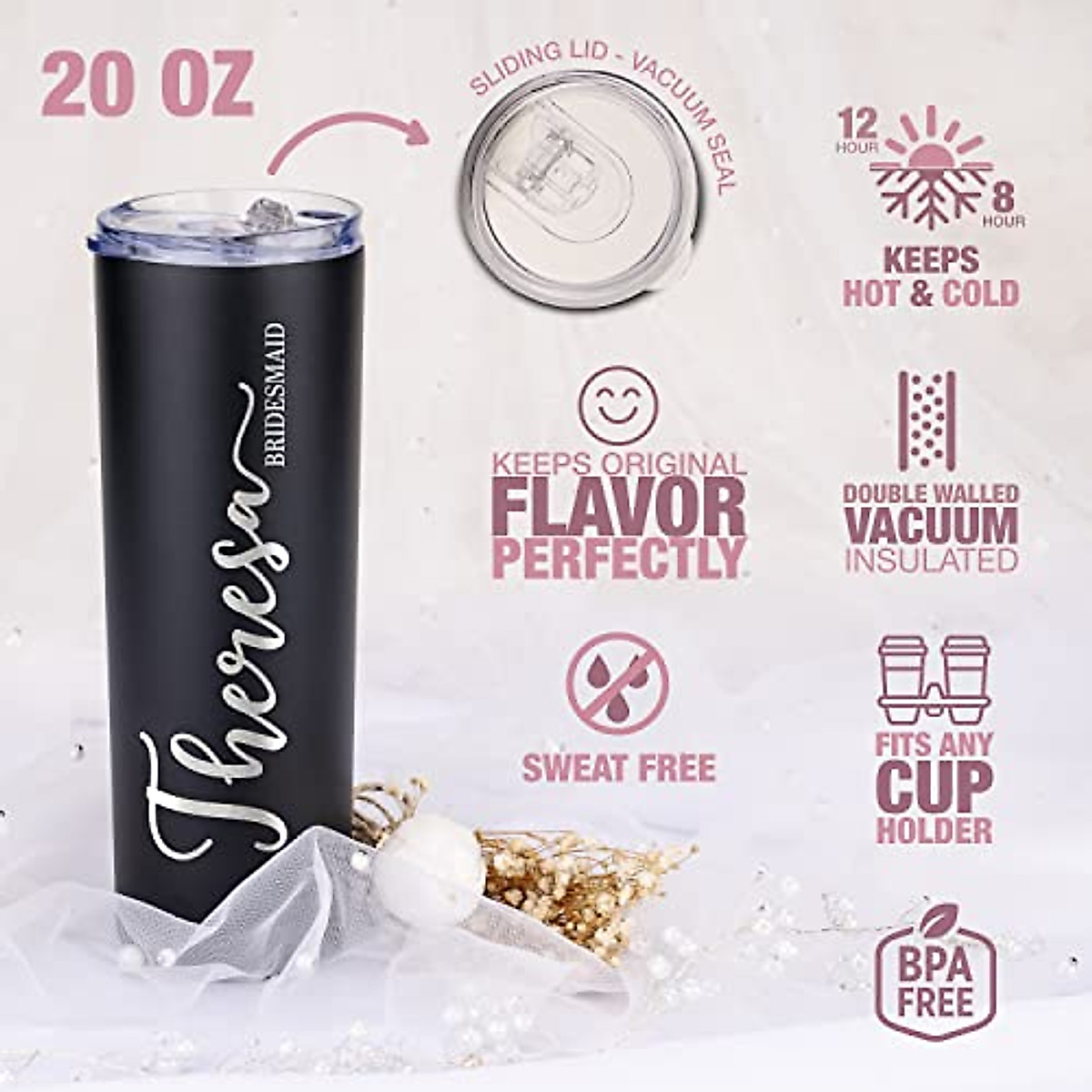 Bridesmaid Gifts Set of 5, Personalized Bridesmaid Tumbler W/ Name and Title, - 8 Vivid Colors, 5 Designs - 20 Oz Engraved Skinny Tumbler W/ Straw Set, Bridal Shower Gift, Bridesmaid Proposal Gifts