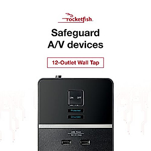 Rocketfish 12-Outlet/2-USB Surge Protector Strip - Provides Protection & Convenient Mobile Phone Charging - Black