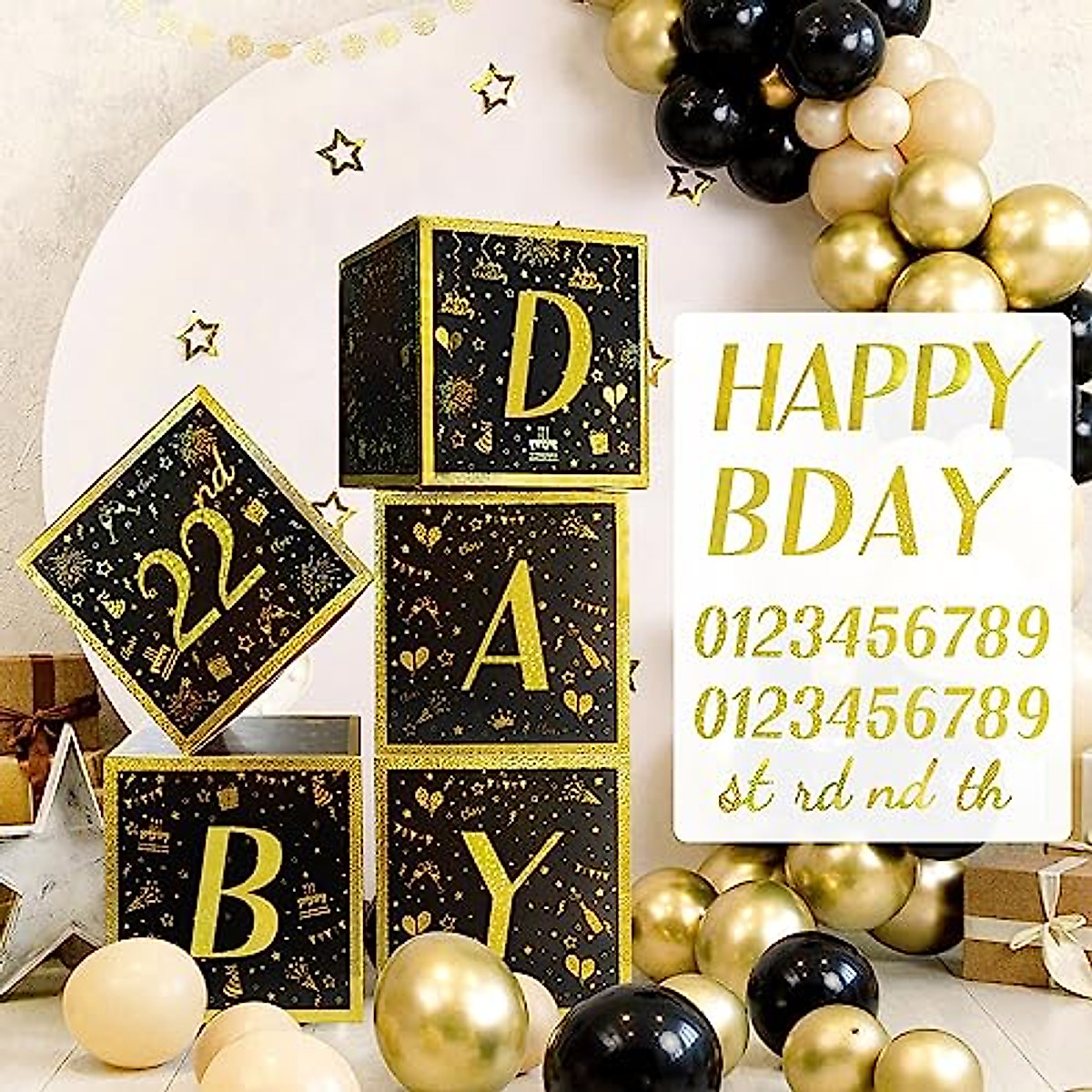 UNIIDECO Birthday Letter Boxes for Party, Black and Gold Birthday Decorations with Number and Letters for 1st 2nd 16th 21th 30th 40th 50th 60th 70th 80th 90th 100th Birthday Decor