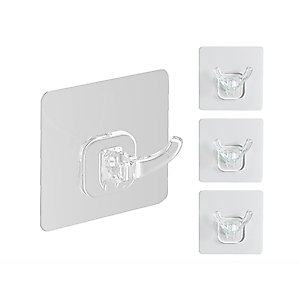 COLINCH Heavy Duty Waterproof Adhesive Wall Hooks, Double Hook Design for Razor Holder, Sticky Bathroom Hooks. 4 Pcs - Clear