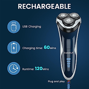 SweetLF Electric Shavers for Men(Plus 3 Blades),Electric Razor for Men,Men’s Electric Shavers Wet & Dry Rotary Shavers, Rechargeable/100% IPX7 Waterproof/Pop-up Trimmer/Cordless Floating Head