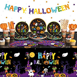 194 Pieces Halloween Party Supplies Tableware Set,Paper Dessert Plates Cups and Napkins Plastic Tablecloth Disposable Straws Knives Forks for Happy Halloween Holiday Party Decorations