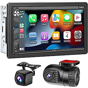 7" Double Din Car Stereo with Dash Cam, Supporting Carplay, Android Auto, Bluetooth, AHD Backup Camera, Full HD Touchscreen, Mirror Link, Subw, USB/TF/AUX, AM/FM Car Radio
