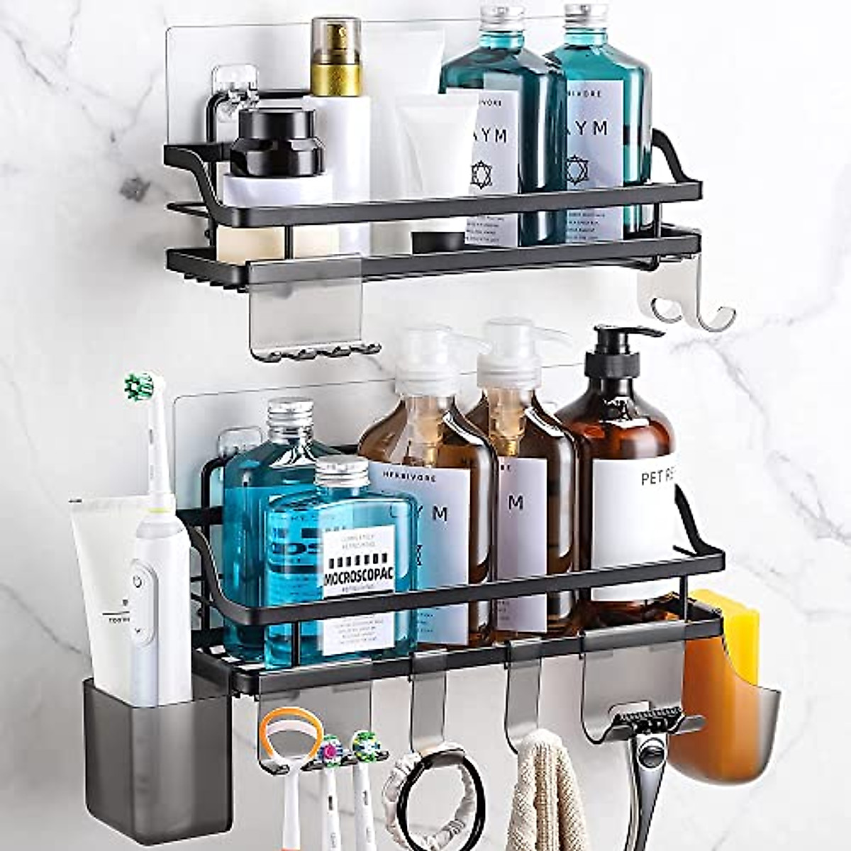 UDTAVZ Shower Caddy 2 Pack, No Drilling Shower Organizer, Shower Baskets for inside Shower, Adhesive Shower Shelves with 10 Hooks for Shampoo Soap Towel, Matte Black