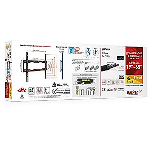 Barkan TV Wall Mount, 19 - 65 inch Fixed, Drywall No Stud No Drill Screen Bracket, Holds up to 71lbs, Auto Lock Patented, 5 Year Warranty , Fits LED OLED LCD, Including 6 ft 4K HDMI Cable Black
