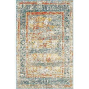 Unique Loom Rosso Collection Vintage, Traditional, Bohemian, Border, Distressed, Southwestern Area Rug, 4' 0" x 6' 0", Blue/Ivory