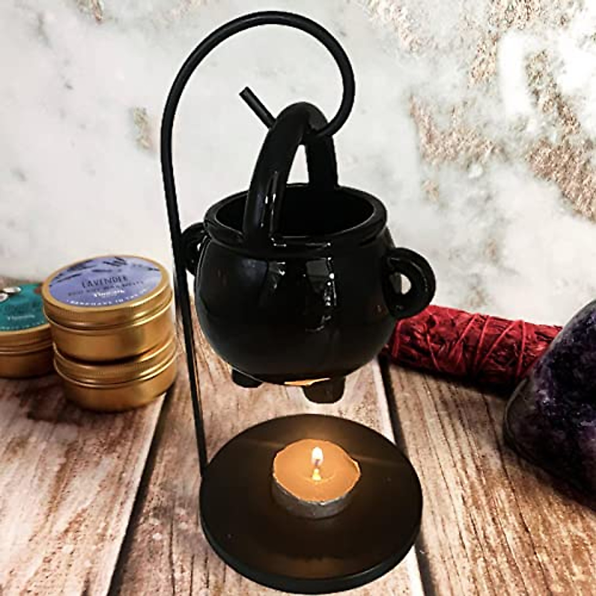 Hanging Cauldron Pagan Oil Burner with Handle, Halloween Wax Melter Cauldron, Halloween Ornament Wax Burner, Spirit Meditation Decorations, Essential Oil Incense Aroma Diffuser Home Decor