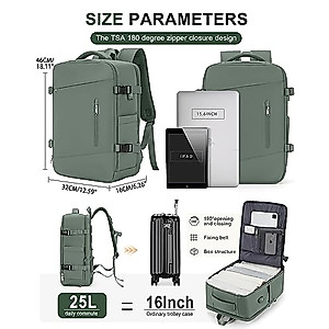 Large Travel Backpack for Women Carry On Airline Flight Approved Expandable Work Personal Item size Backpack Bag with Laptop compartment for College Men Waterproof Hiking Mochila de Viaje Green