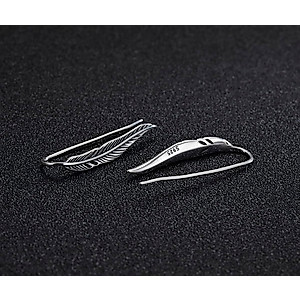 SLUYNZ 925 Sterling Silver Feather Crawler Earrings for Women Climber Earrings Cuff Earrings Wrap (A-Silver)