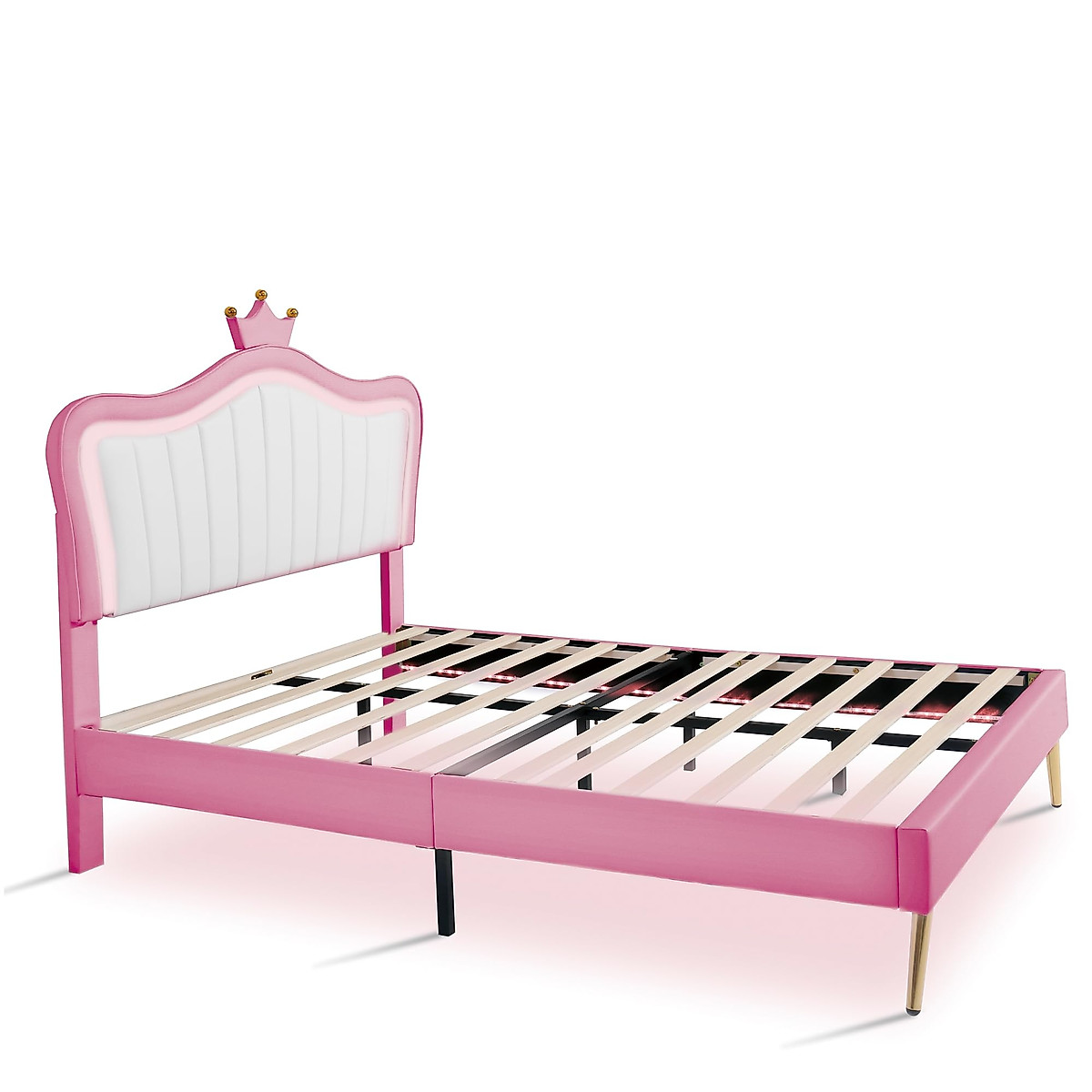 CITYLIGHT Full Size Upholstered Princess Bed with Crown Headboard, Wood Cute Kids Bed Frame Full with LED Lights and Metal Legs for Girls, No Box Spring Required (Full,Pink)