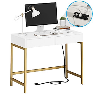 Treocho Computer Desk with USB Charging Ports and Power Outlets, Modern Simple 40 inch Vanity Desk with 2 Drawers, Makeup Table for Home Office, Bedroom, White and Gold