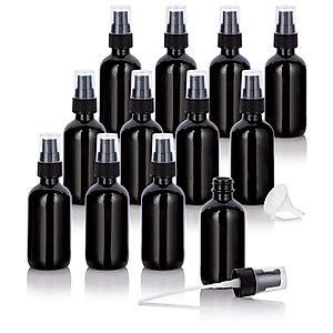 JUVITUS 2 oz Black Glass Luxury Boston Round Bottle with Black Treatment Pump (12 Pack) + Funnel