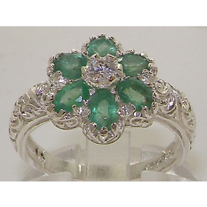 LetsBuyGold 925 Sterling Silver Real Genuine Emerald & Diamond Womens Cluster Ring - Size 11 (0.09 cttw, H-I Color, I2-I3 Clarity)