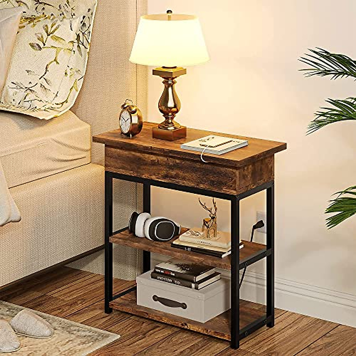 FABATO End Table with Charging Station Nightstands with Storage Shelves Flip Top&USB Ports Narrow Sofa Side Table for Small Spaces with Metal Frame Living Room Bedroom, Rustic Brown