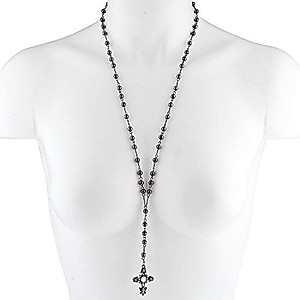 LUX ACCESSORIES Crystal Black Rosary Catholic Rhinestone Long Cross Beads Chain Necklace
