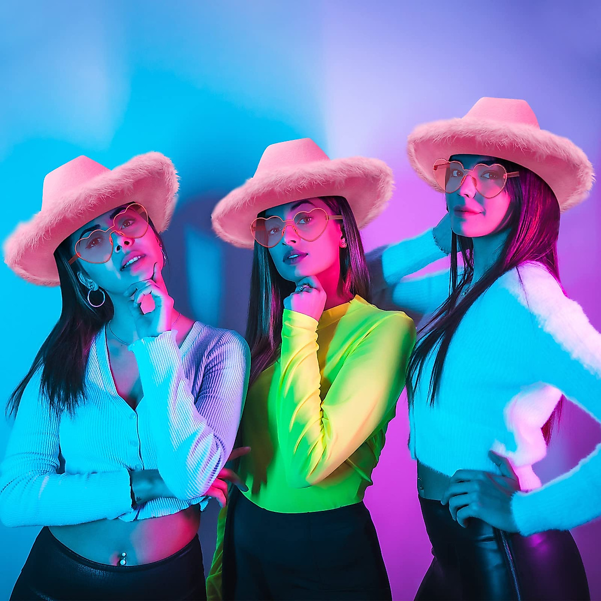 Zhanmai 6 Pieces Cowgirl Hat with Feather Boa and 6 Pieces Heart Sunglasses Set for Girls Bachelorette Party, Costume Party