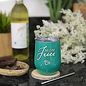 Mom Stainless Steel Wine Tumbler - 12oz with Steel Straw, BPA Free Lid, & Straw Cleaning Brush - Stemless Insulated Wine Tumbler with Lid - Gift for Mothers who Love Coffee, Tea - Mom Juice