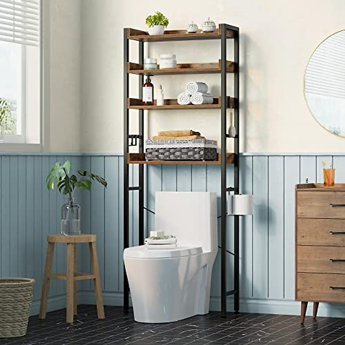 Rolanstar Over The Toilet Storage Rack, 4-Tier Bathroom Space Saver with Adjustable Shelves, Bathroom Organizer for Bathroom Washroom, Rustic Brown
