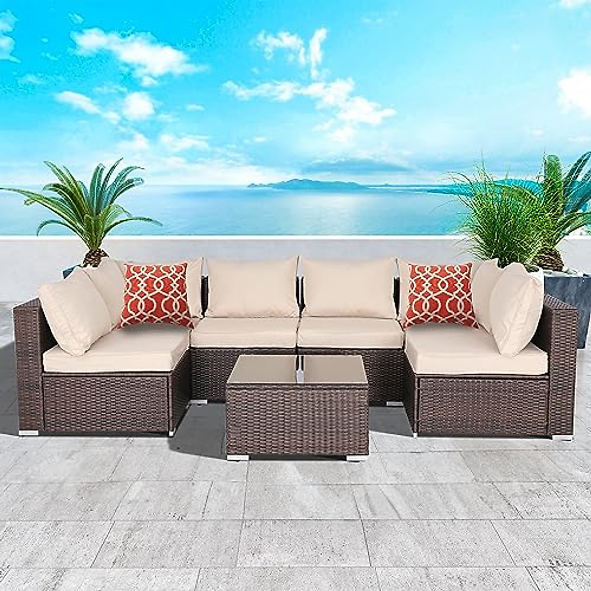 yoyomax, Light Brown Outdoor Clearance, 7 Pieces Patio Furniture All Weather PE Rattan Wicker Conversation Sofa Set w/6 Chairs, Pillows, Coffee Table for Balcony Backyard Garden, 7PCS-B