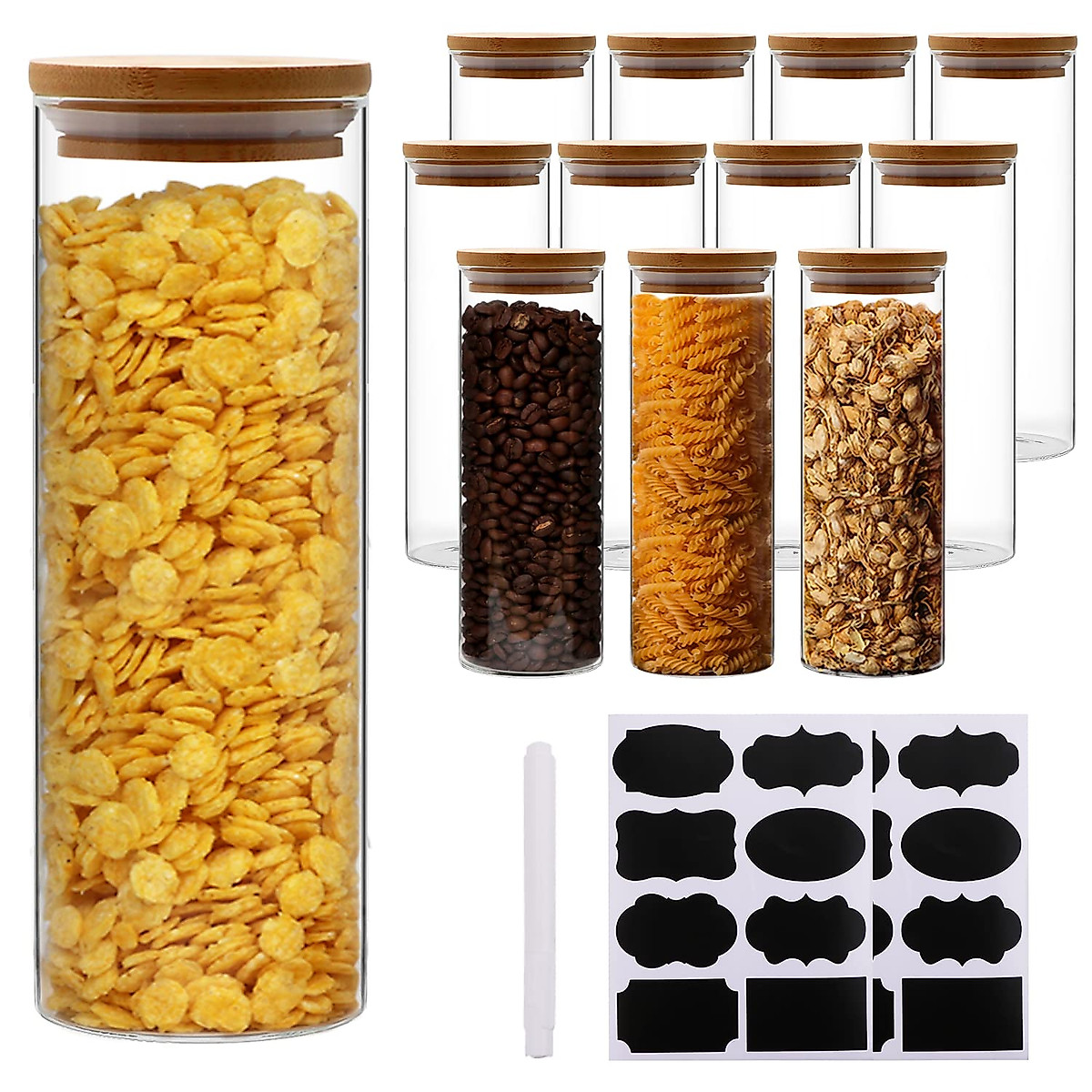 Flrolove Glass Jars With Bamboo Lids, 16 oz Food Storage Containers for Home Kitchen ,Set of 12 Jars for Kitchen Storage,Coffee,Tea, Herbs, Sugar, Salt, Flour