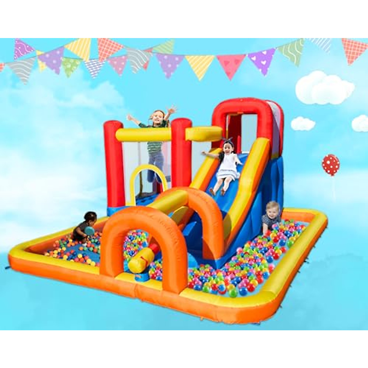 Baralir Inflatable Bounce House with Long Slide & Big Play Pool, Cave & Tunnel Adventure, Endless Indoor/Outdoor Fun of Jumping, Sliding, Climbing, Water Splashing - Surprising Gift for Kids