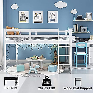 VINGLI Junior Low Loft Bed with Stairs, White Wood Loft Bed Full Size for Adults, Kids and Young Teens, No Box Spring Required,Wood Slat Support
