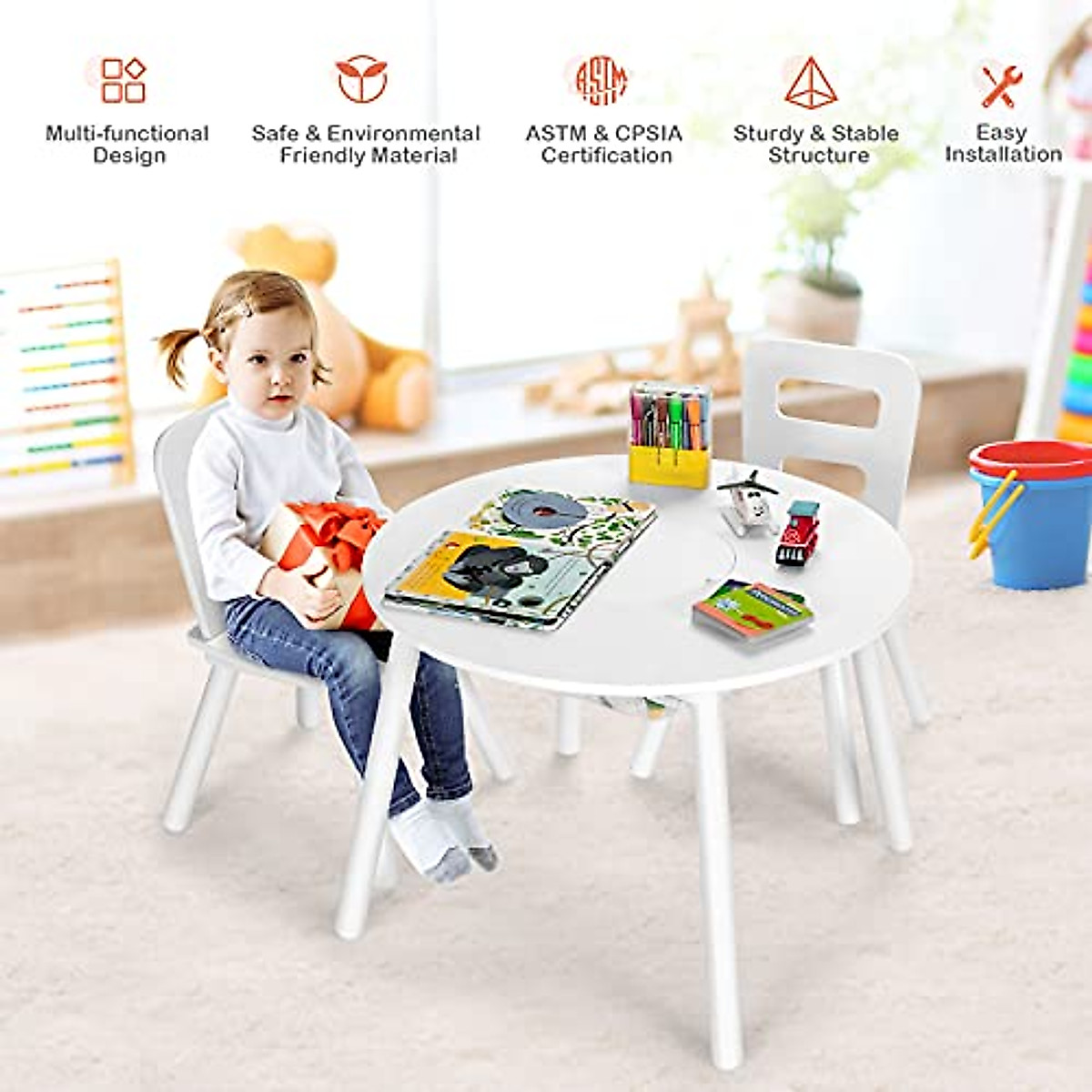Costzon Kids Table and Chair Set, Wood Activity Table w/Center Mesh Storage, Children Furniture Gift for Boys & Girls, Ideal for Arts, Crafts, Snack Time, Homework, Toddler Table and Chair Set, White