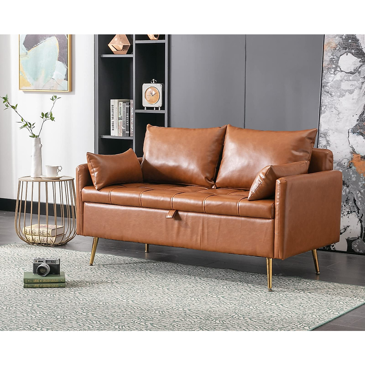 Kmax PU Leather Loveseat Sofa Chair Storage 52” Upholstered Couch Sofa with 4 Pillows Golden Legs for Living Room Small Space, Apartment, Bedroom, Dorm- Brown