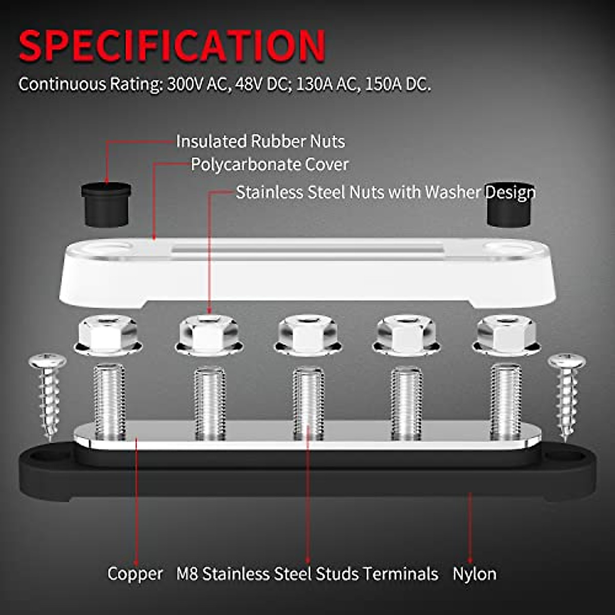 DaierTek 12V Power Distribution Block 5 x 5/16" (M8) Terminal Studs 12V Bus Bar with Cover Max 300V AC 48V DC Positive & Negative Battery Distribution Block for Automotive Car Boat