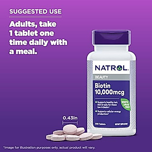 Natrol Beauty Biotin 10000mcg, Dietary Supplement for Healthy Hair, Skin, Nails and Energy Metabolism, 200 Tablets, 200 Day Supply