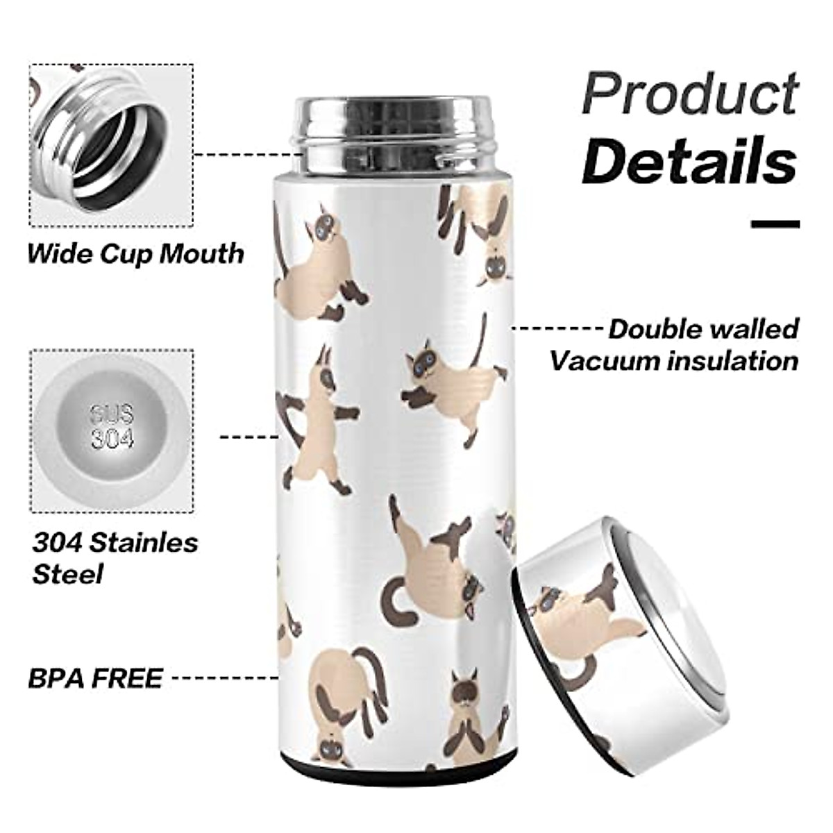CaTaKu Funny Animals Cat Water Bottle Insulated 16 oz Stainless Steel Flask Thermos Bottle for Coffee Water Drink Reusable Wide Mouth Vacuum Travel Mug Cup