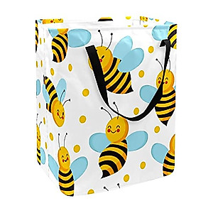 Flying Bee and Yellow Dots Print Collapsible Laundry Hamper, 60L Waterproof Laundry Baskets Washing Bin Clothes Toys Storage for Dorm Bathroom Bedroom