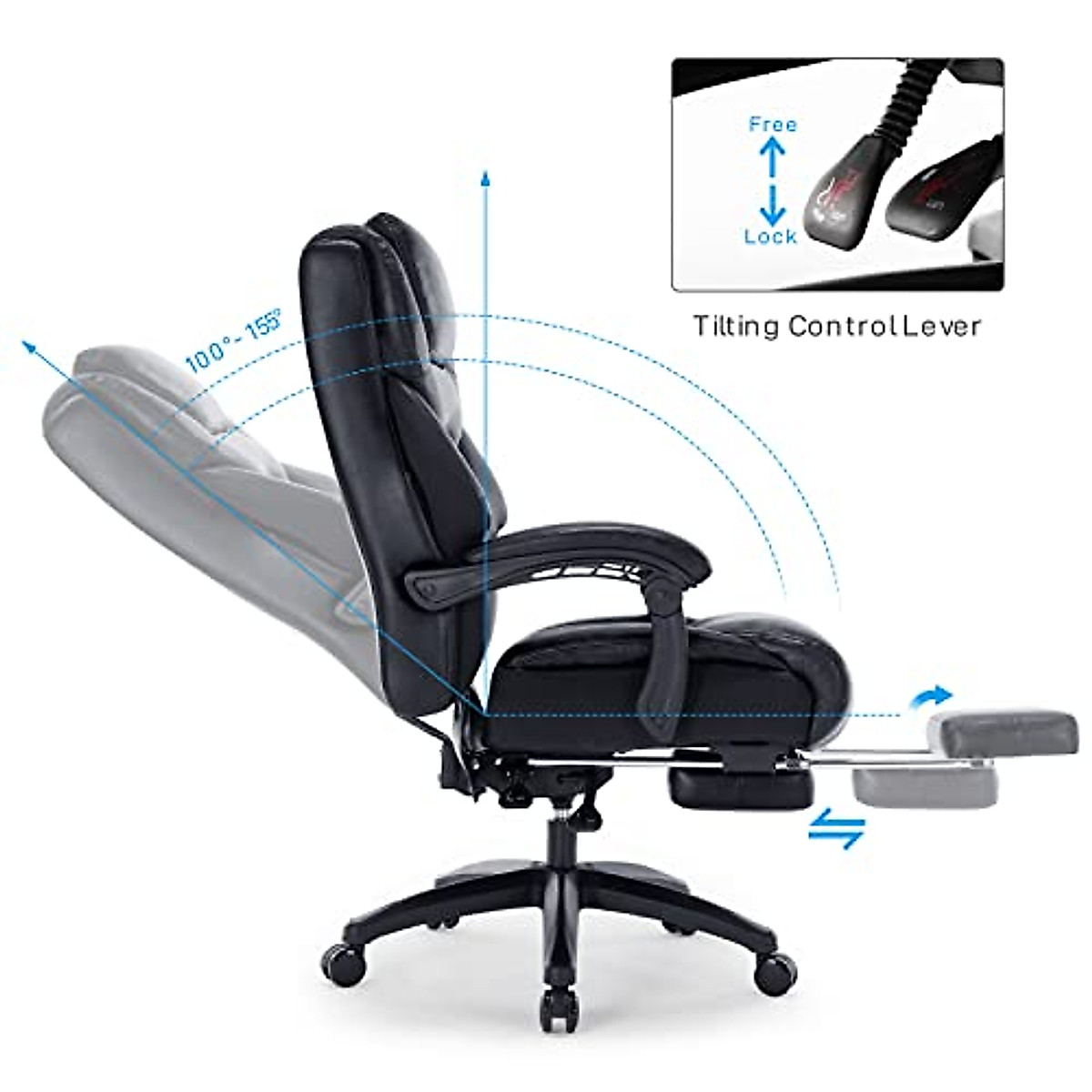 Sumeimics 400lbs Big and Tall Office Chair Bonded Leather Heavy Duty Office Executive Chair Reclining Office Chair with Footrest (Black)