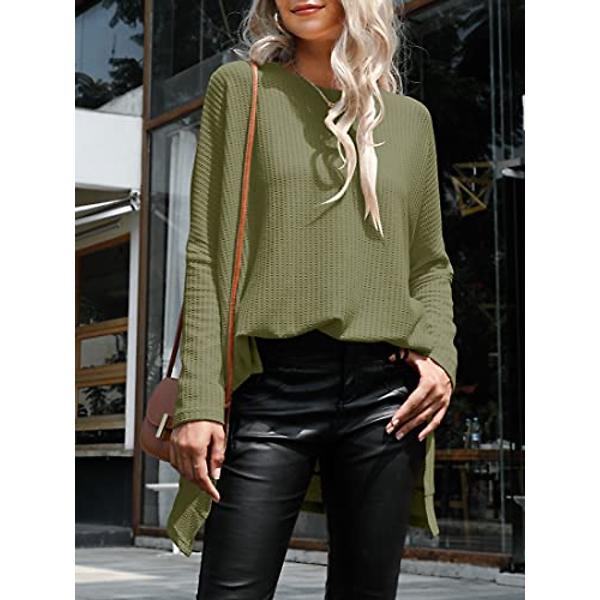 ANRABESS Sweaters for Women Oversized Long Batwing Sleeve Crewneck Waffle Knitted High Low Hem Casual Cozy Cute 2023 Fall Tunic Pullover Tops Poncho A138junlv-S Army Green