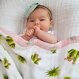 LollyBanks Muslin Quilt Blanket, Large 47 x 47 Inches Versatile Crib Blanket for Baby Girls, 6 Layers Newborn Blanket, Soft Blend 70% Viscose Made from Bamboo + 30% Cotton, Registry (Cactus Print)