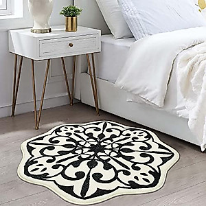 Uphome Snowflake Shaped Boho Rug 3ft Diameter Black Vintage Entryway Rug Cute Non Slip Machine Washable Bathroom Rugs Soft Velvet Floral Aesthetic Throw Rug for Living Room Bedroom Nursery