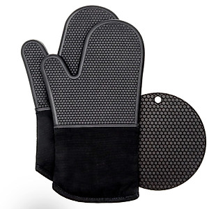 Oven Mitts and Pot Holders Sets Heat Resistant up to 500°F, Kitchen Mittens with Quilted Cotton Lining, Heavy Duty Silicon Oven Mittens Anti-Slip, Set of 3, 13 inches, Black Oven Mits