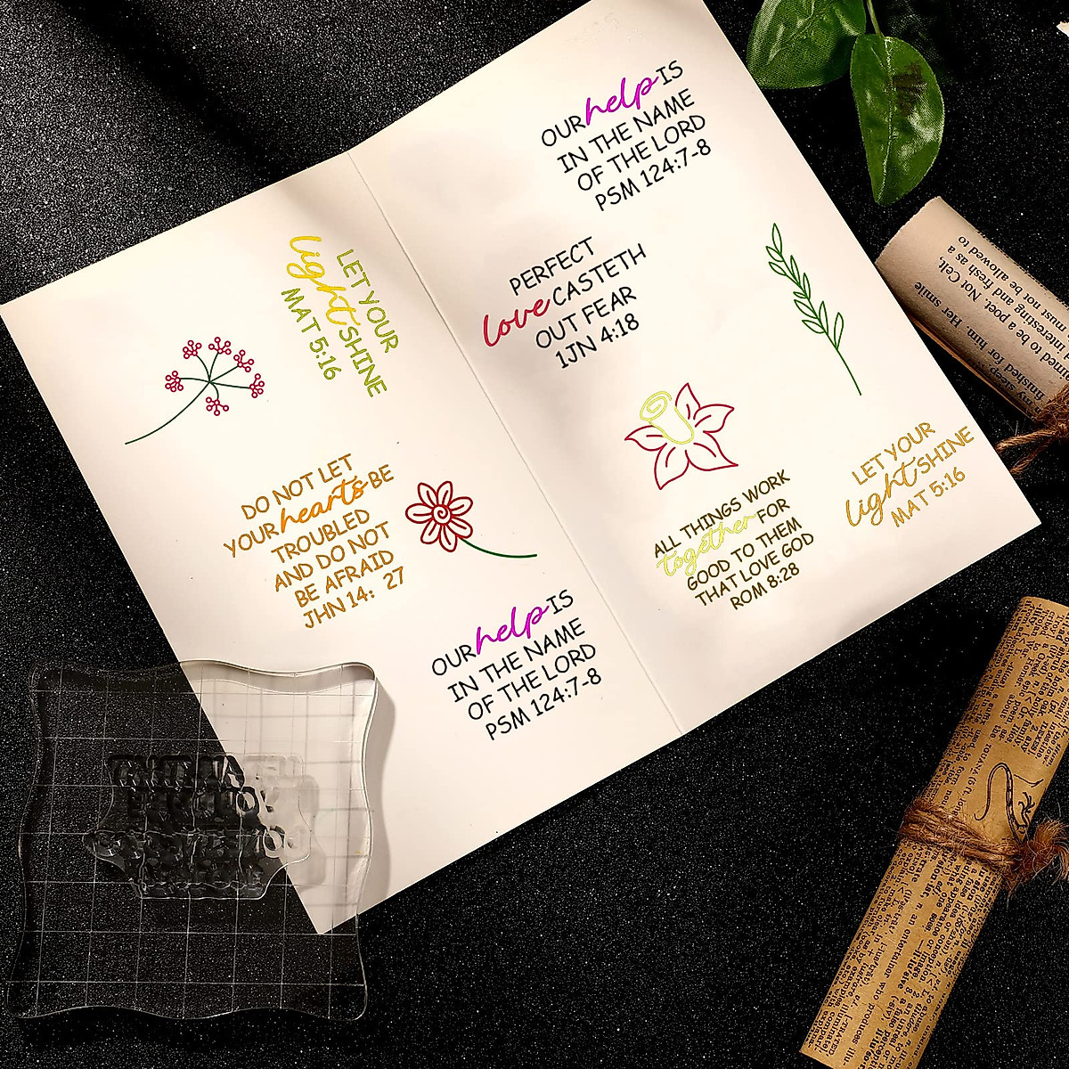 4 Sheets Stamps for Crafting Bible Verse Clear Stamps Set Acrylic Making Christian Scrapbooking Stamp Rubber 2 Pieces Blocks Tools with Grid Lines for DIY Scrapbooking Making(Classic Style)