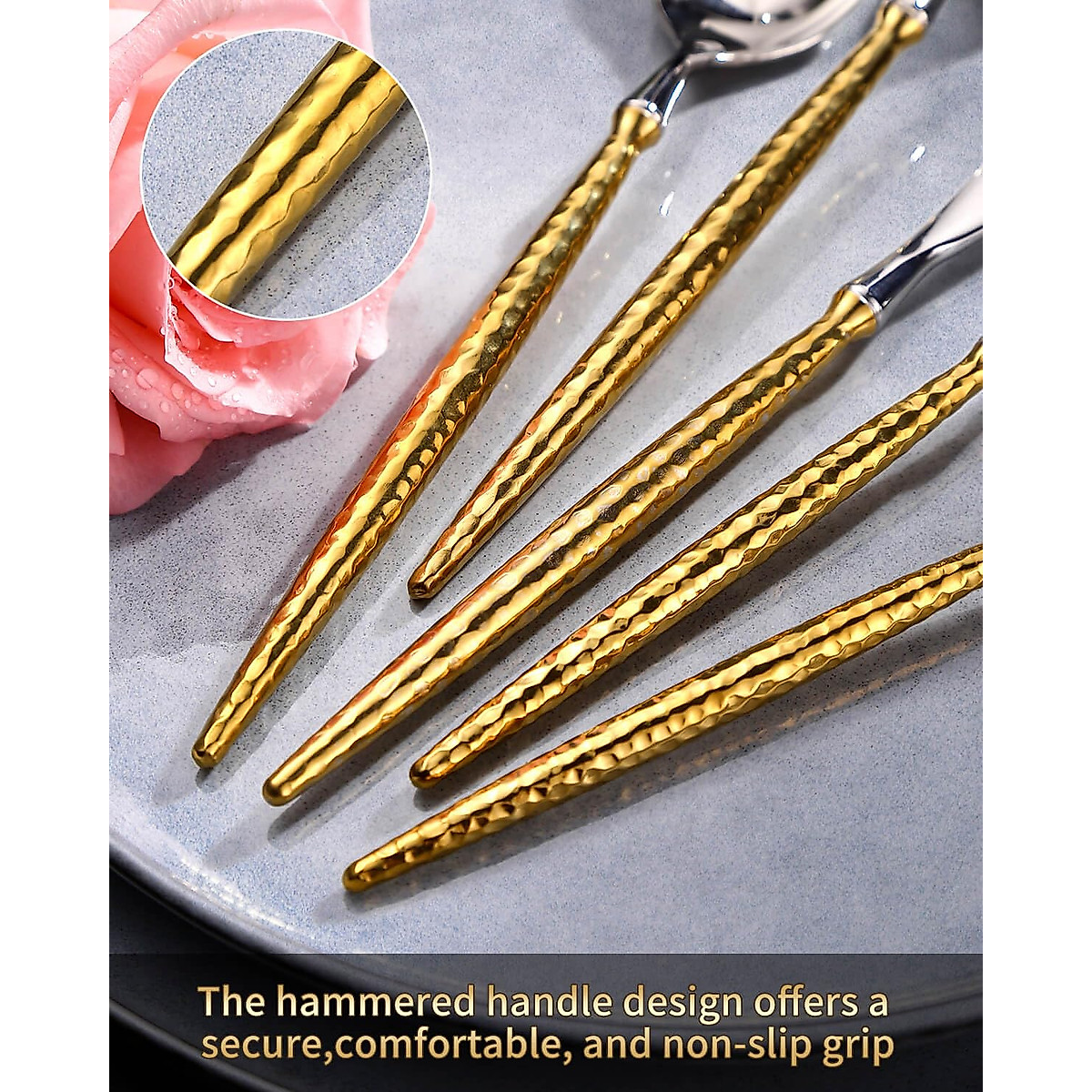 Lemeya 20-Piece Hammered Silver Gold Silverware Set,18/10 Stainless Steel Forging Heavy Duty Cutlery Set for 4, Luxury Unique Flatware Set,Spoons and Forks Set,Mirror Polished,Dishwasher Safe