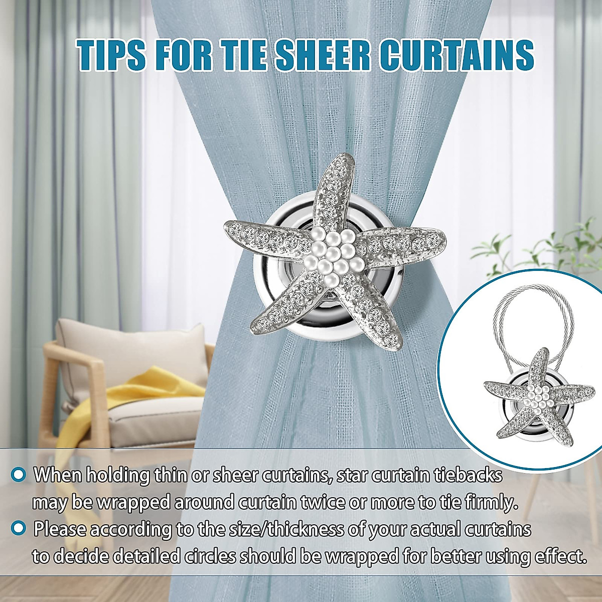 KOLAKO Curtain Tiebacks, Magnetic Curtain Holdbacks Silver Crystal Drapery Magnet Pearl Decorative Modern Curtain Buckle Starfish Metal Curtain Holders No Drill, Ties Backs for Curtains 4 Pack