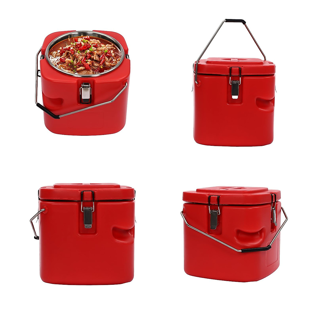 Insulated Soup Carrier,2.5Gal/9.5L/10Qt PE&Stainless Steel Tabletop Food Container,Commercial Leak-Proof Juice Storager,Outdoor Portable Cold/Hot Food Box w/Lid&Handle&Grooves,11.8*11.8*11.4in Red