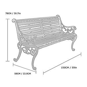 Outdoor Solid Wood Garden Park Bench for 2-3 People, Weatherproof Patio Lawn Bench Porch Seat with Cast Iron Frame, Porch/Deck/Patio Furniture Bench with Backrest and Armrests(Teak+Black Chair Legs,15