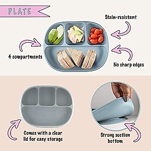 littlesol Baby Led Weaning Supplies - Complete Silicone Baby Feeding Set - Includes Baby Plate, Spoon, Fork, Bib, Bowl, Water & Snack Cup - Food Grade Silicone BPA Free - Dishwasher Safe (Dusty Blue)