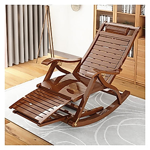 Wooden Rocking Chair Armchair for Heavy Duty Adults,Indoor Bamboo Chair Leisure Relax Chair Rocker with Cushions,Foldable Reclining Lounger Chair with Foot Massage Board (Color : Without pad)