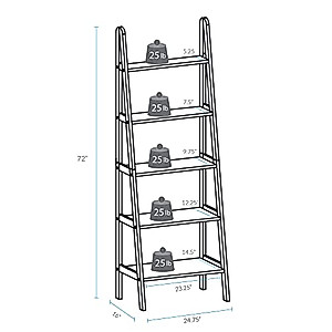 Stony Edge 5-Tier Ladder Bookcase-White, Anti-Tipping Wood Ladder Bookshelf and Display Stand, Decorative Shelves for Home and Office, 24.75" W x 16" D x 72" H