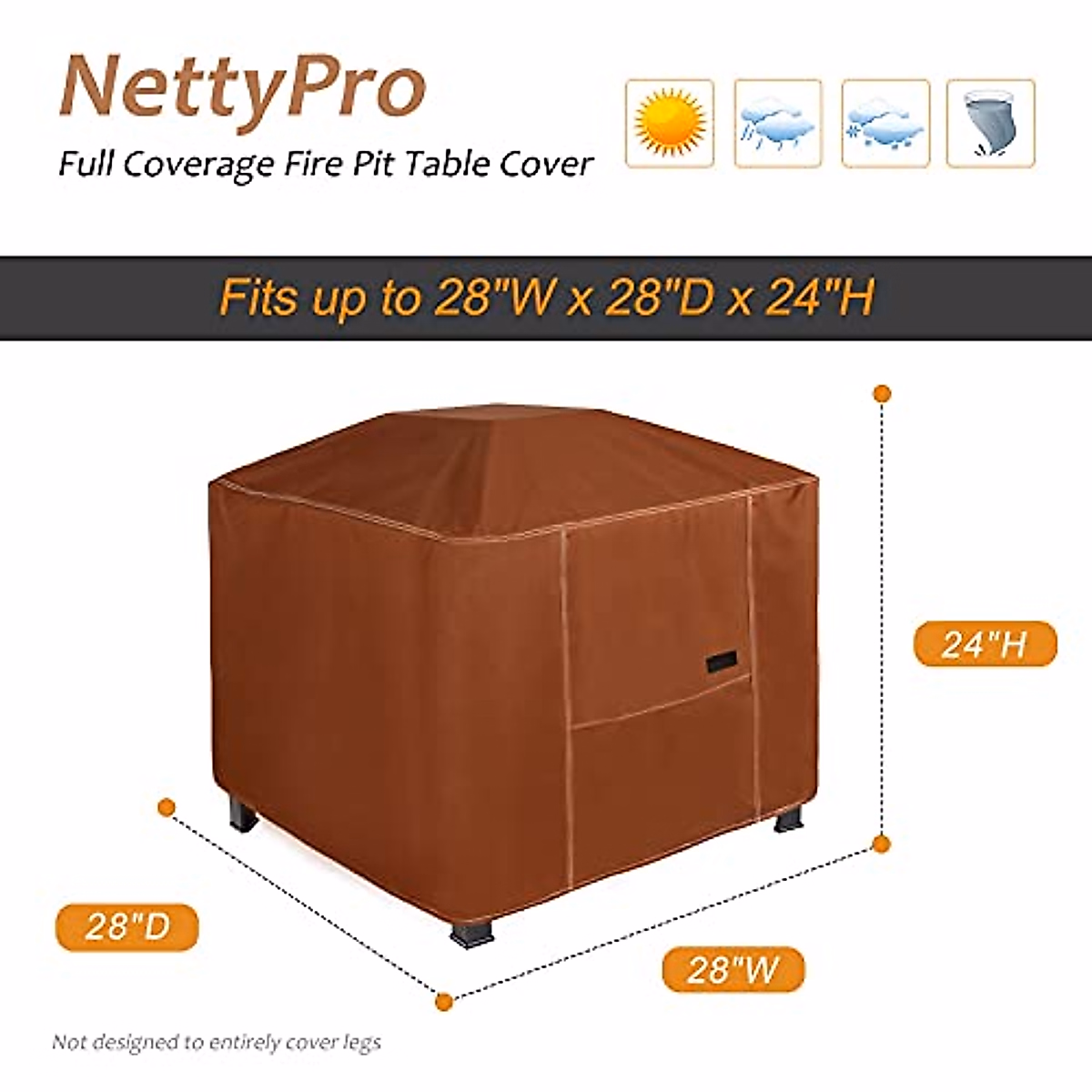 NettyPro Gas Fire Pit Cover Square 28 inch Waterproof Heavy Duty Patio Firepit Cover Square for Outdoor Propane Fire Pit Table, Brown